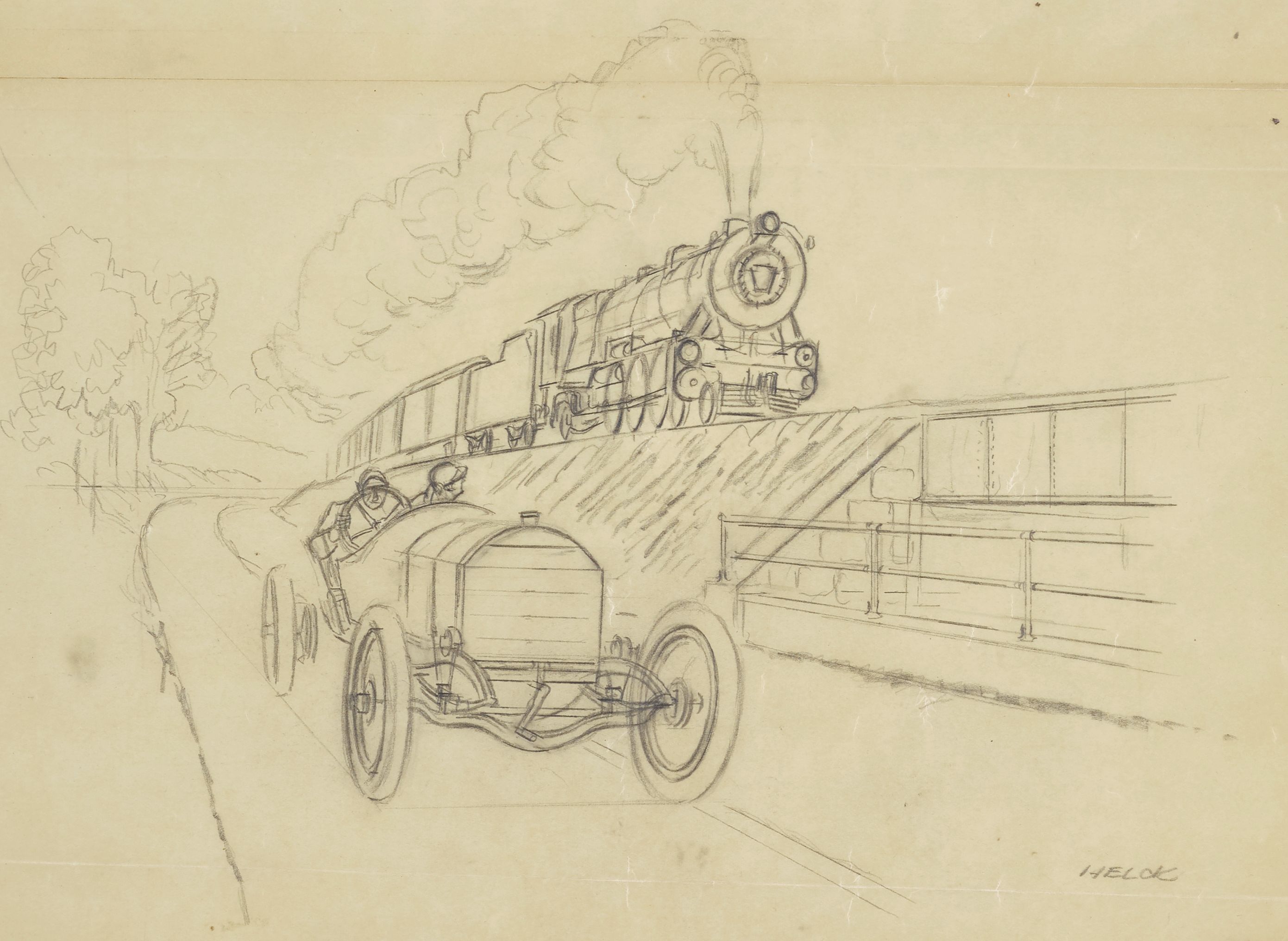 Bonhams Cars : Peter Helck, Road Vs. Rail 1908 Mercedes Prelimiary Sketch