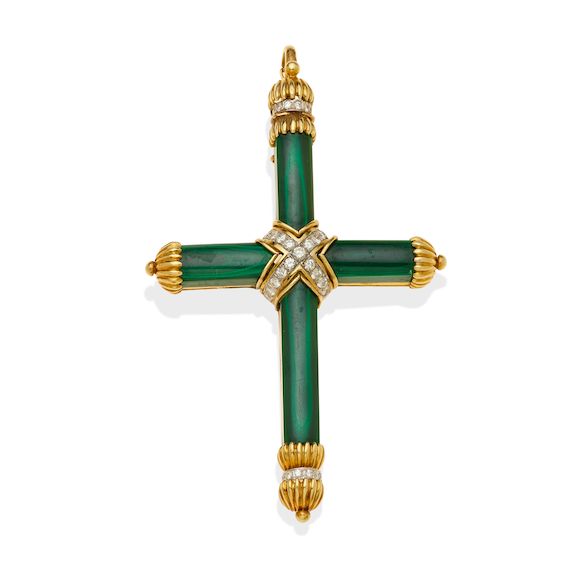 Bonhams : A malachite, diamond and bi-color gold cross pendant