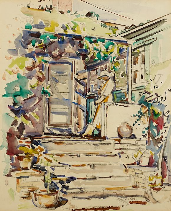 Bonhams : Clarence Hinkle (1880-1960) On the Porch, Green Lane 22 1/2 x ...