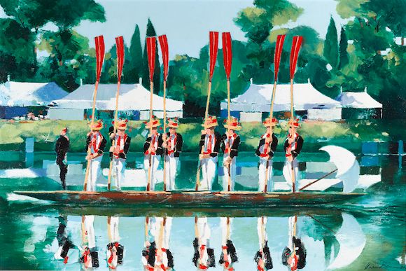 Bonhams : Unknown Artist (20th Century) Ceremonial oarsmen 24 x 36in ...