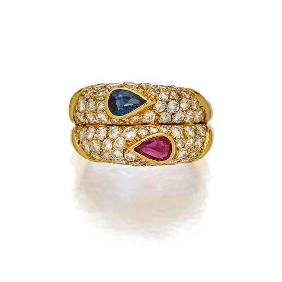 Bonhams : A French ruby, sapphire, diamond and 18K gold ring, Fred, French