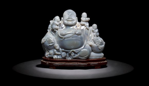 Bonhams : Large Agate Carving of Buddha on Wood Base