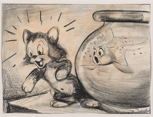 Bonhams : A storyboard drawing of Figaro and Cleo from Pinocchio