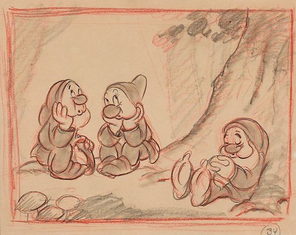 Bonhams : An early storyboard drawing of three dwarfs from Snow White ...