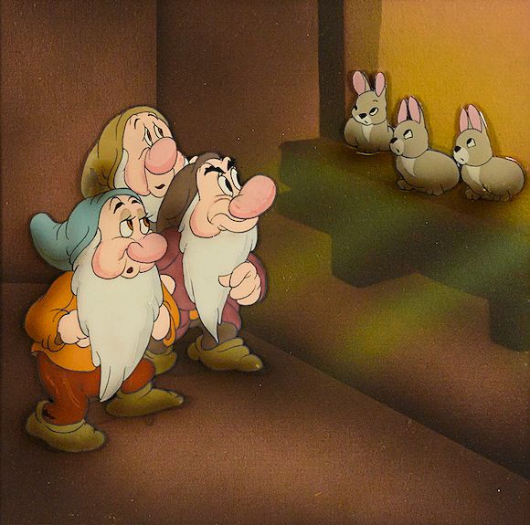 Bonhams : A celluloid of three dwarfs from Snow White and the Seven Dwarfs