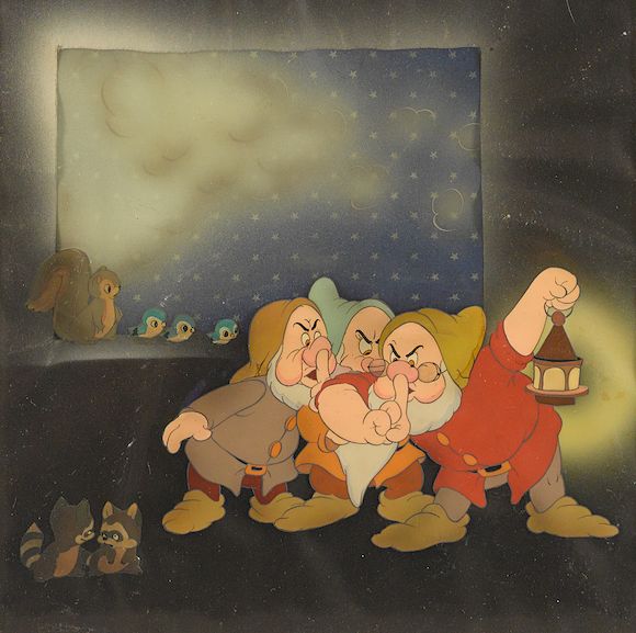 Bonhams : A celluloid of three dwarfs from Snow White and the Seven Dwarfs