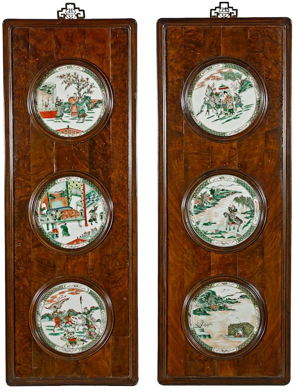 Bonhams : A pair of mixed wood wall plaques mounted with famille verte ...