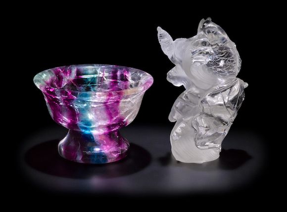 Bonhams : Banded Fluorite Bowl and a Rock Crystal Quartz Carving of a Fish