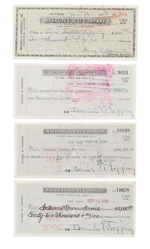 Bonhams : A Collection of signed personal checks by Dan Topping for ...