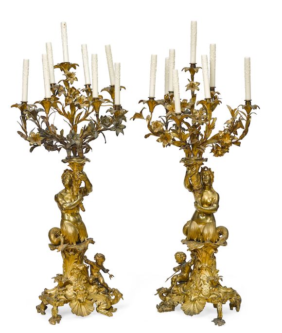 Bonhams : An imposing pair of French gilt bronze figural eight light ...