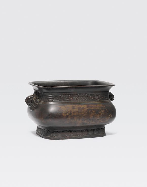 Bonhams : A good bronze rectangular censer with lion head handles ...