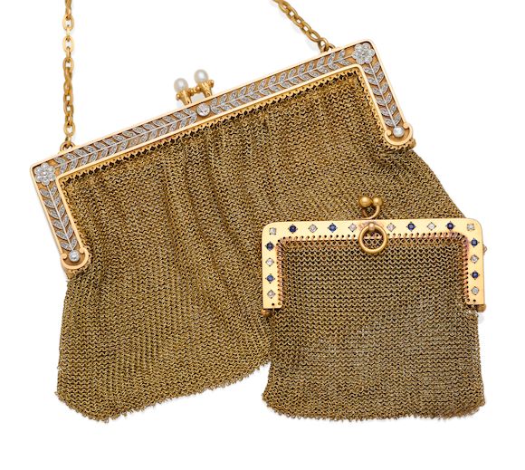 Bonhams : An 18k gold, diamond and pearl mesh purse, together with an ...