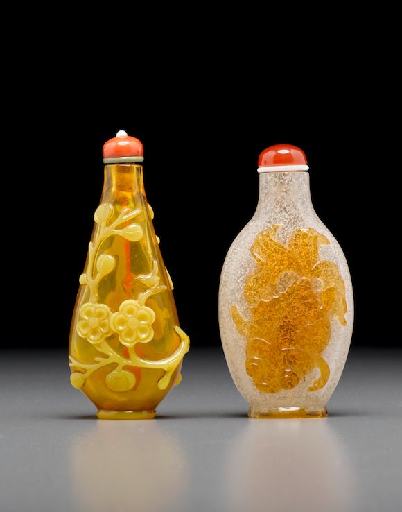 Bonhams : Two overlay decorated glass snuff bottles 1800-1910
