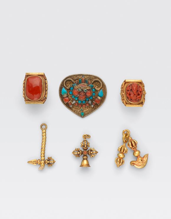 Bonhams : A group of six gilt jewelry and ritual items Tibet and Nepal ...