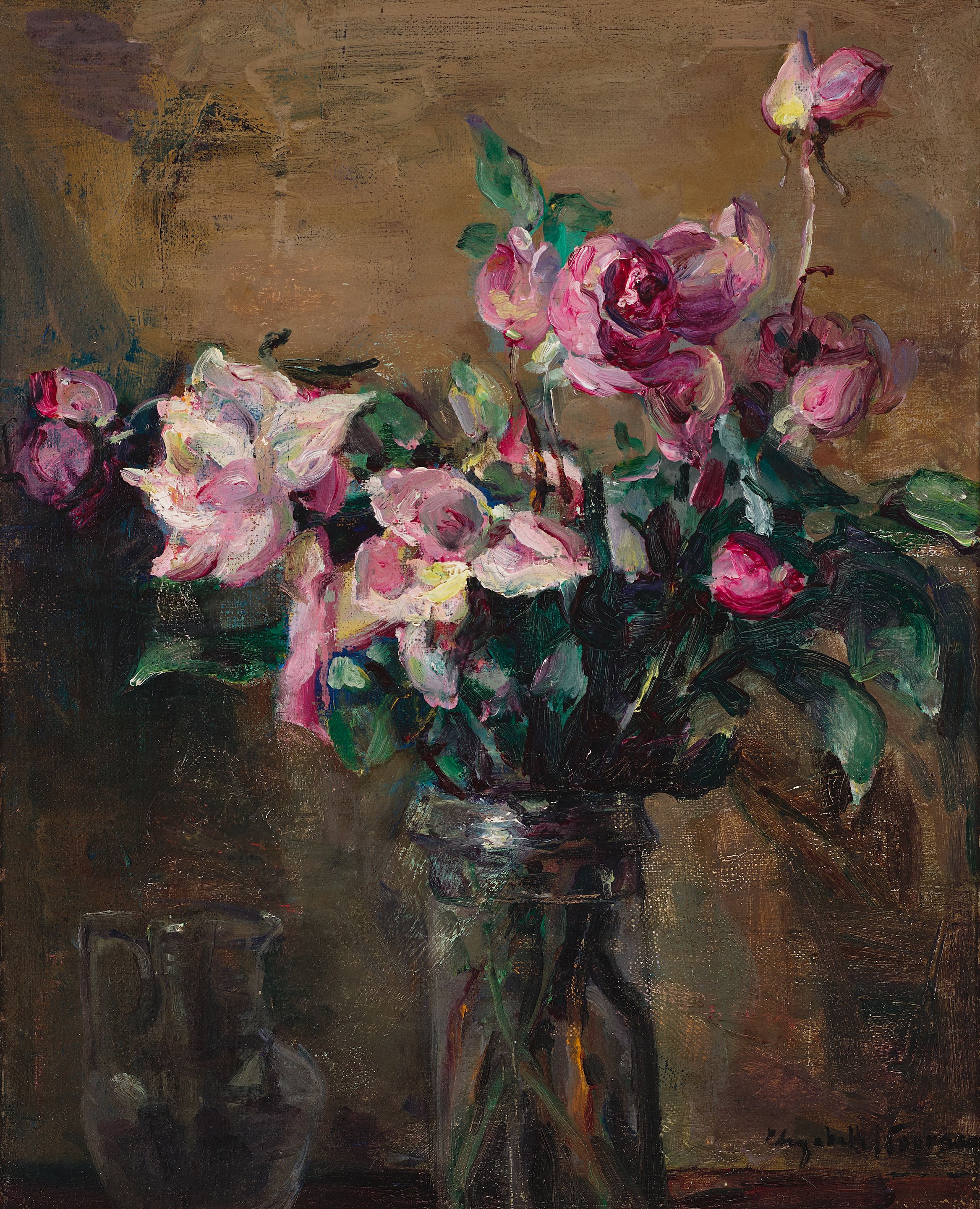 Bonhams : Elizabeth Nourse (1859-1938) Roses in a glass vase 16 1/8 x ...