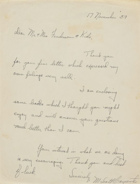 Bonhams : SCOTT CARPENTER AUTOGRAPH LETTER AND PAMPHLET SIGNED BY THE ...