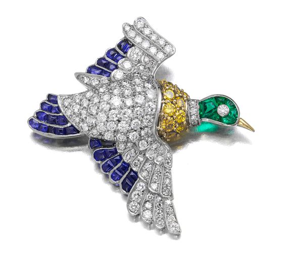 Bonhams : A diamond and gemstone bird brooch, Raymond Yard