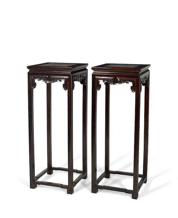 Bonhams : A pair of hardwood tall stands with marble-inlaid tops ...