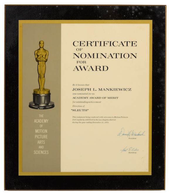 Bonhams : A Joseph L. Mankiewicz Academy Award nomination plaque for ...