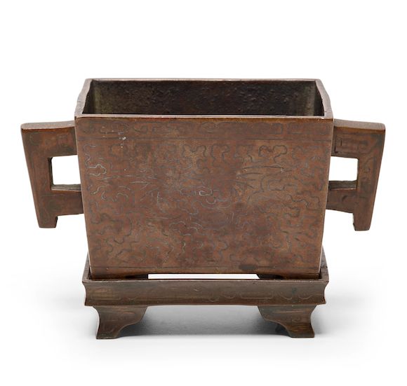 Bonhams : A BRONZE SILVER-WIRE INLAID RECTANGULAR CENSER AND STAND 17th ...