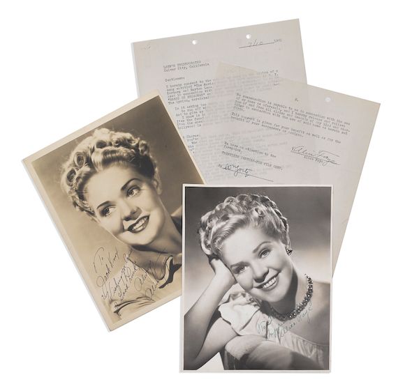 Bonhams : An Alice Faye signed contract and two signed vintage photographs