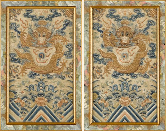 Bonhams : TWO YELLOW SILK EMBROIDERED 'DRAGON' PANELS 18th century