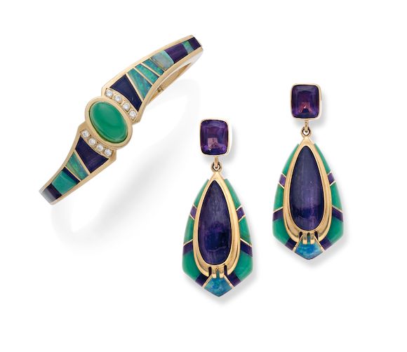 Bonhams : A diamond and gem-set 14k gold bangle and earring set, Raoul ...