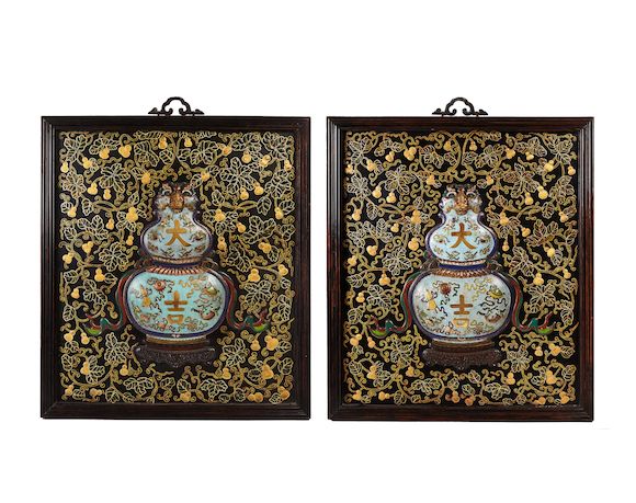 Bonhams : A pair of polychrome enameled metal and lacquered wood Da Ji ...
