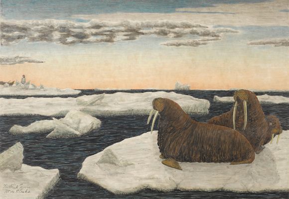 Bonhams : A James Kivetoruk Moses artwork, huddle of walrus and hunter