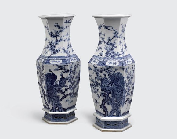 Bonhams : A Pair of Blue and White Hexagonal Sectioned-Baluster Vases ...