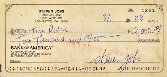 Bonhams : JOBS, STEVE. 1955-2011. Check Signed ("steven jobs"), 2 3/4 ...