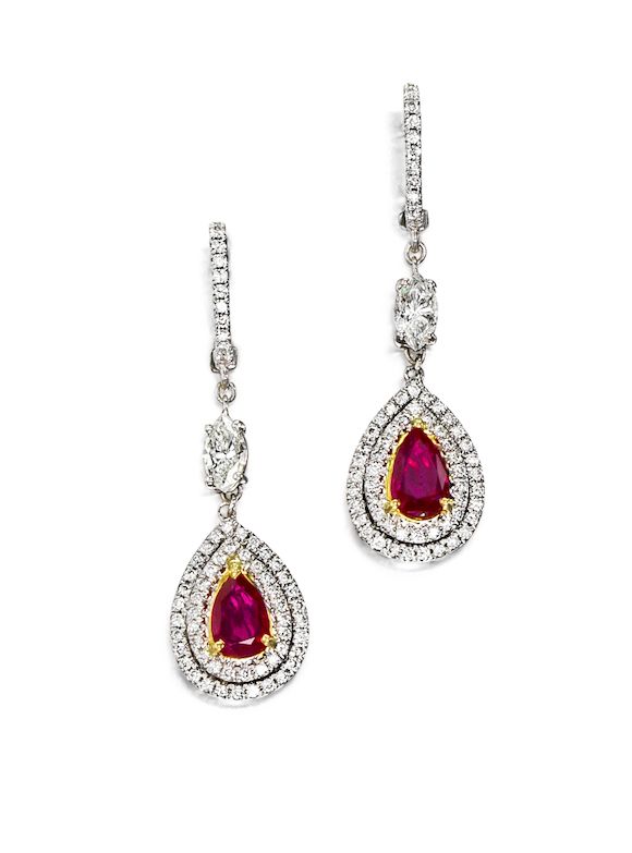 Bonhams : A pair of ruby and diamond pendant earrings