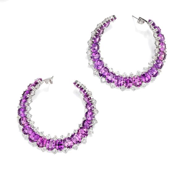 Bonhams : A pair of purple sapphire and diamond hoop earrings, Assil