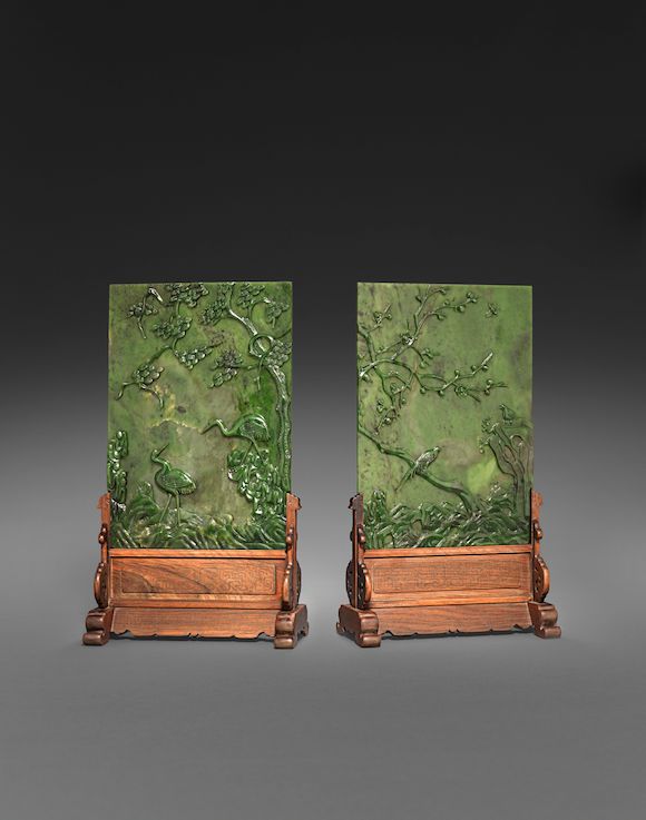 Bonhams : A FINE PAIR OF SPINACH JADE TABLE SCREENS