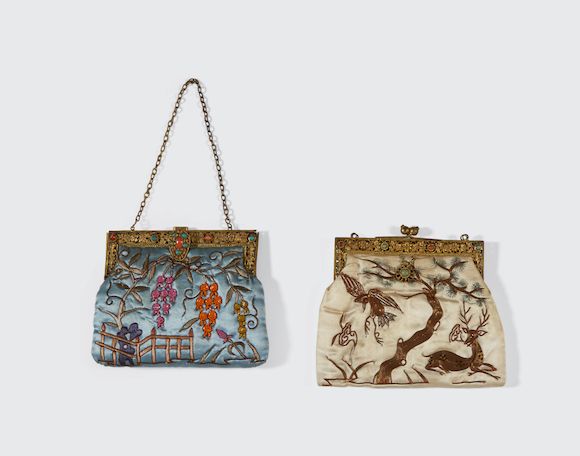 Bonhams : Two embroidered silk purses with colored stone inlay on the ...