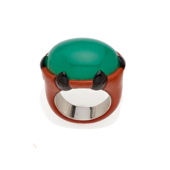 Bonhams : A chrysoprase, red jasper, black jade and platinum ring ...