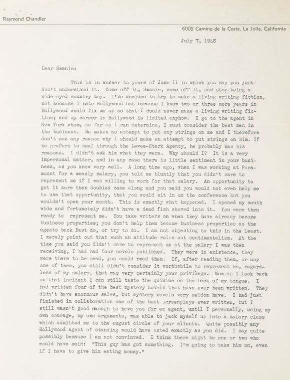 Bonhams : CHANDLER, RAYMOND. 1888-1959. Typed letter signed ("Ray"), 2 ...