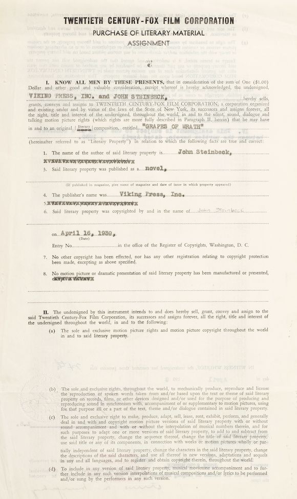 Bonhams : STEINBECK, JOHN. 1902-1968. Typed Document Signed (John ...