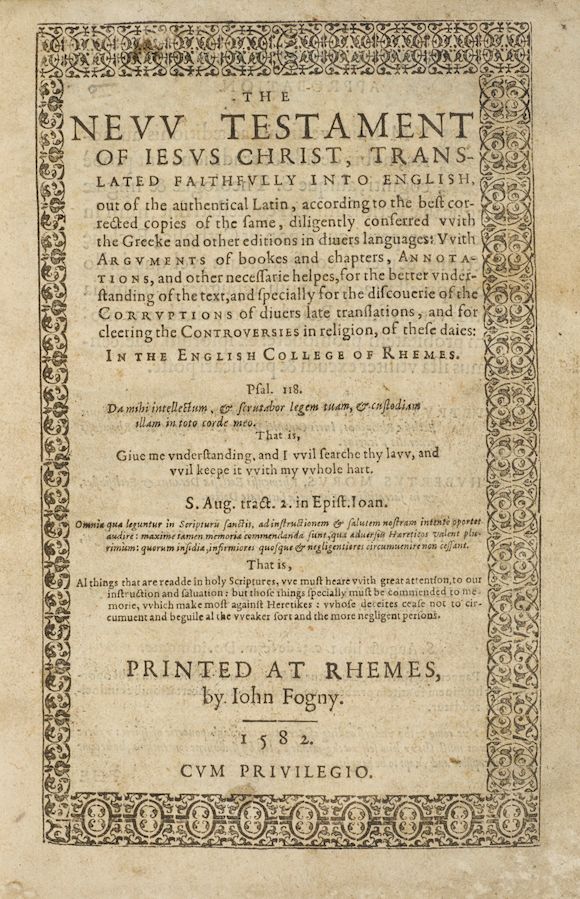 Bonhams : BIBLE IN ENGLISH: 1582 DOUAI-RHEIMS. The New Testament of ...