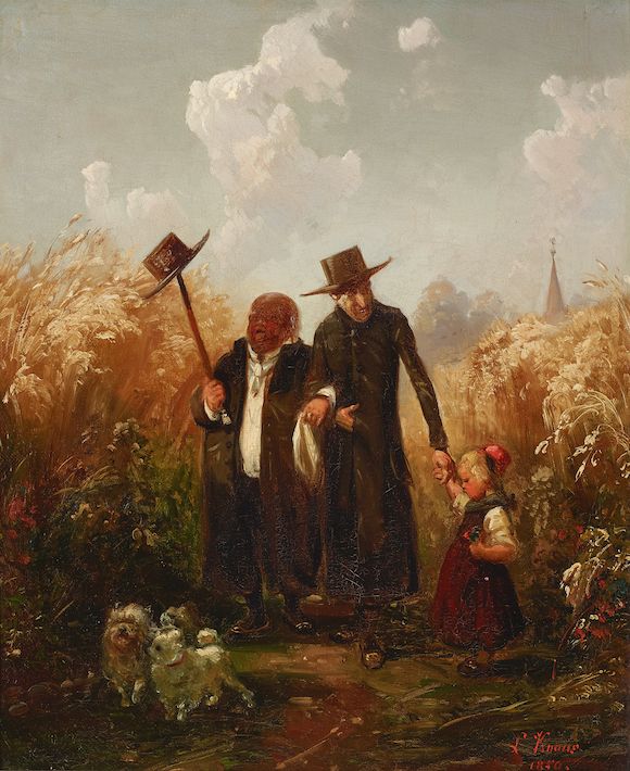 Bonhams : Ludwig Knaus (German, 1829-1910) Out for a stroll 13 1/2 x ...