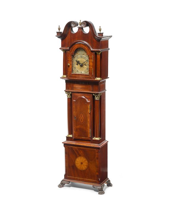 Bonhams : An Inlaid Mahogany Dwarf tall case Clock Signed on engraved plate in the arch Bobbings ...