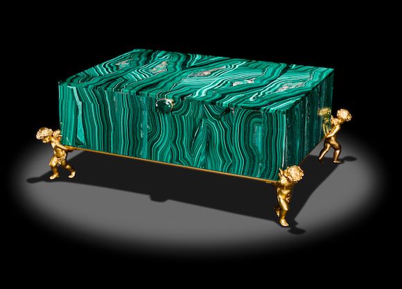 Bonhams : Malachite Intarsia Box with Gilded Bronze Cherubs