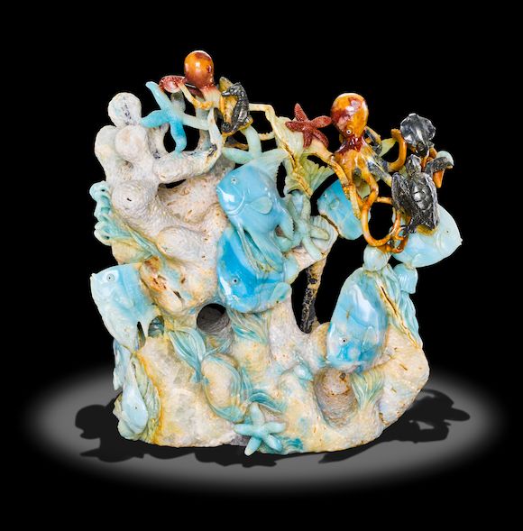 Bonhams : Blue Quarzite and Jasperite Carving--"Under the Sea"