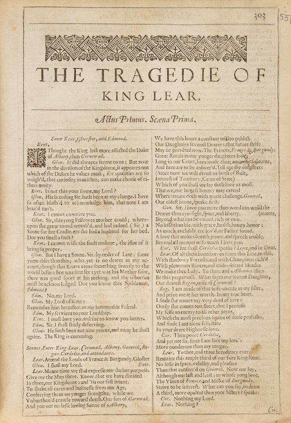 Bonhams : SHAKESPEARE, WILLIAM. 1564-1616. The Tragedie of King Lear ...
