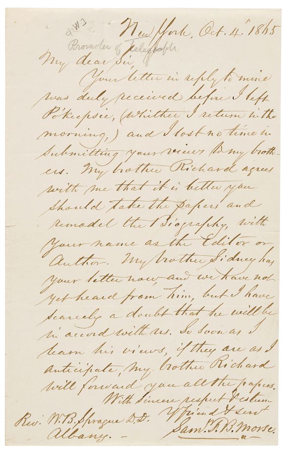 Bonhams : MORSE, SAMUEL F.B. 1791-1872. Autograph Letter Signed ...