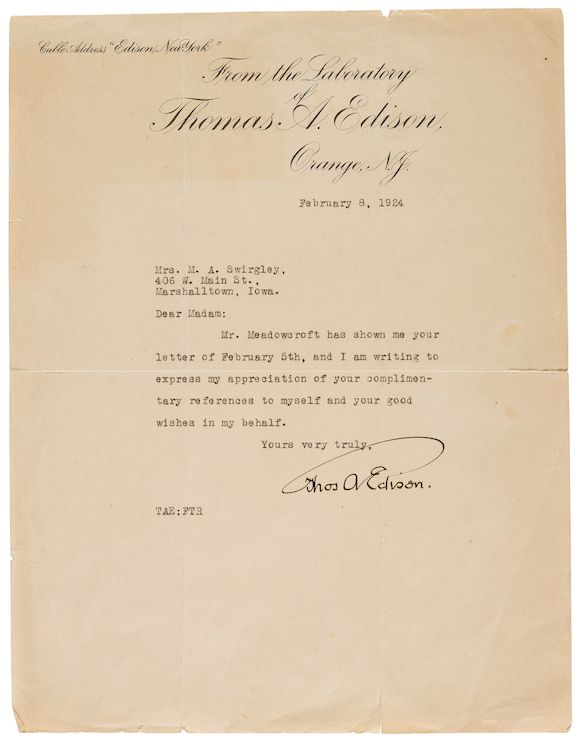 Bonhams : EDISON, THOMAS A. 1847-1931. Typed Letter Signed ("Thos A ...
