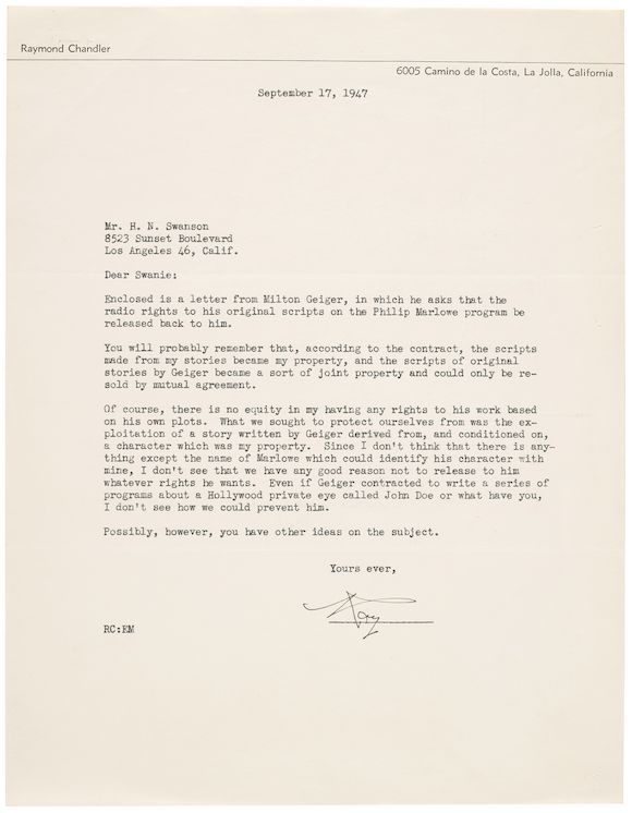 Bonhams : CHANDLER, RAYMOND. 1888-1959. Typed Letter Signed, (Ray), 1 p ...