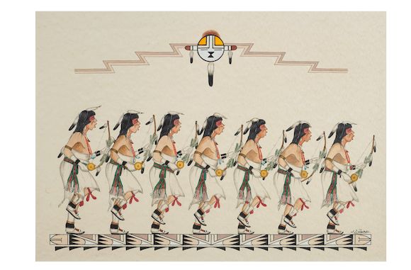 Bonhams : A J.D. Roybal painting, "Bow and Arrow Dance"