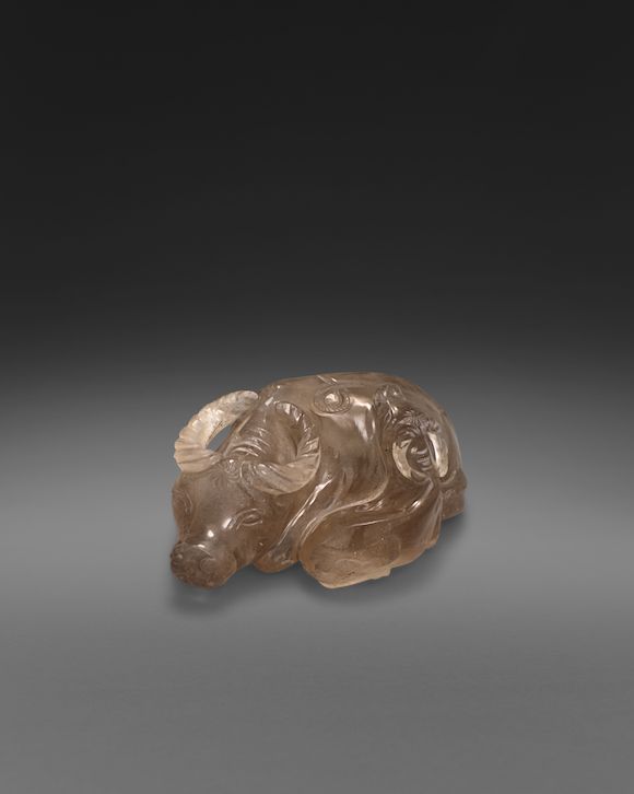 Bonhams : A carved smoky quartz water buffalo group 19th century