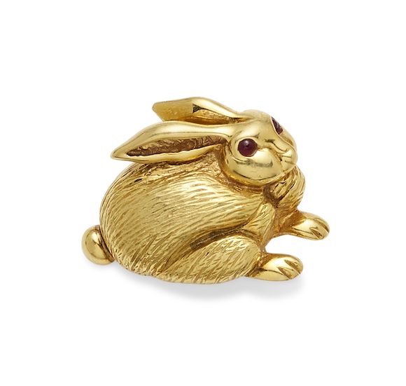 Bonhams : A GOLD AND RUBY RABBIT BROOCH